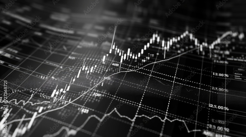 Black and white background hosts a widescreen abstract financial chart ...