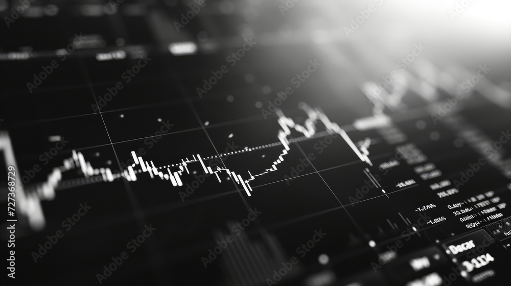 Black and white background hosts a widescreen abstract financial chart ...