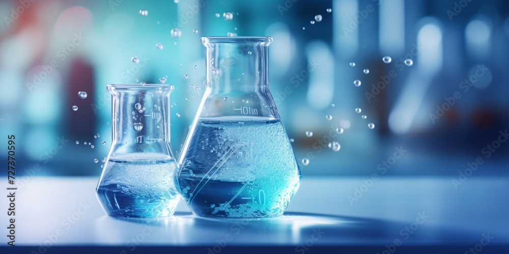 Glass flask and beaker in medical health science,A blue flask with a ...