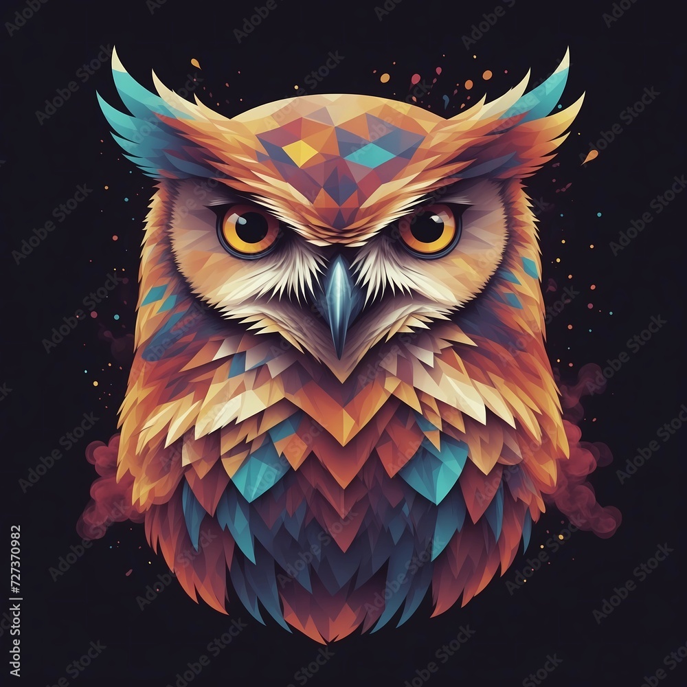 Geometric abstract face of owl in 8k, isolated on black, T-shirt design ...