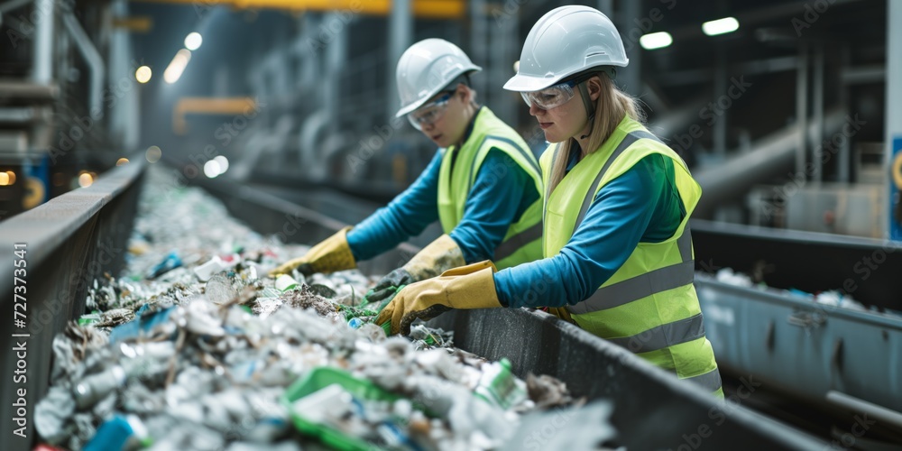 Employees Wearing Safety Gear Sort Through Trash At A Waste Treatment ...
