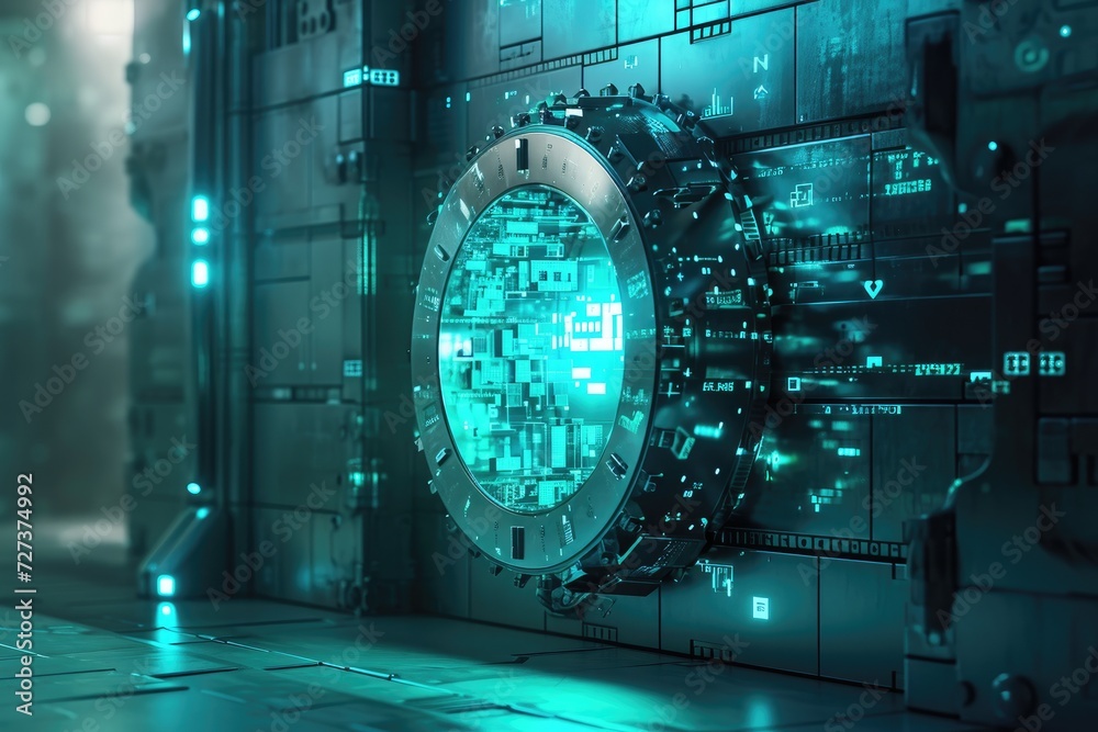 Futuristic Clock in Dark Room With Blue Lights, A digital bank vault ...