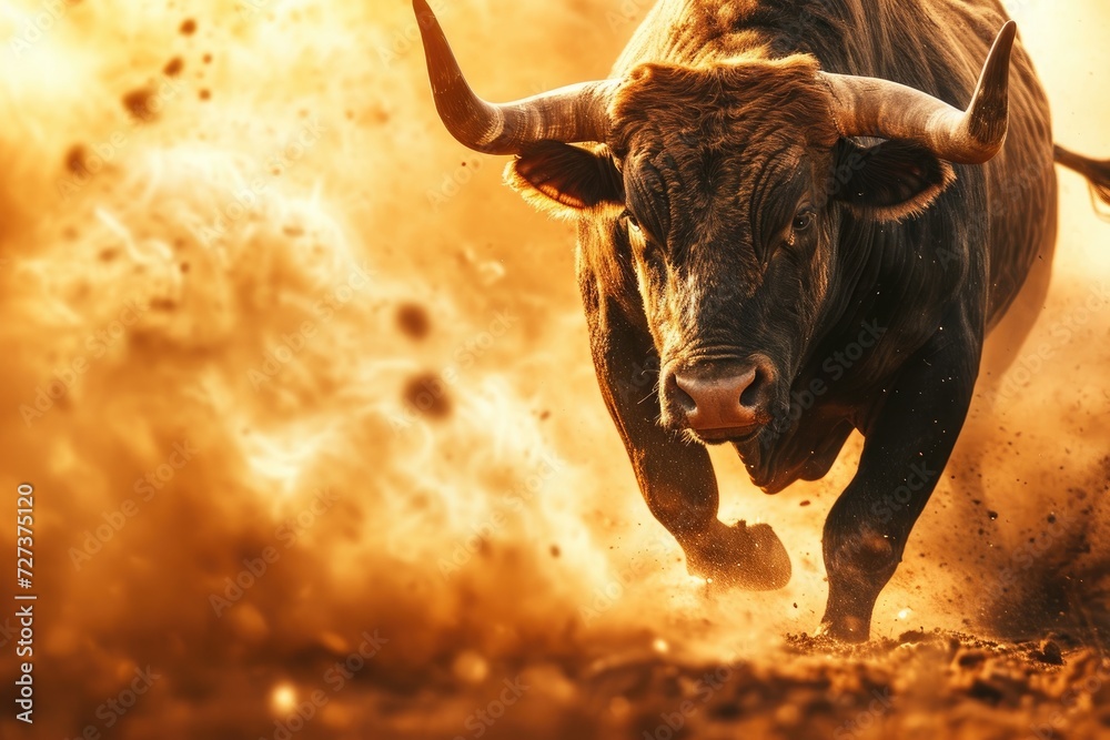 A powerful bull kicking up a cloud of dust as it runs through a wide ...