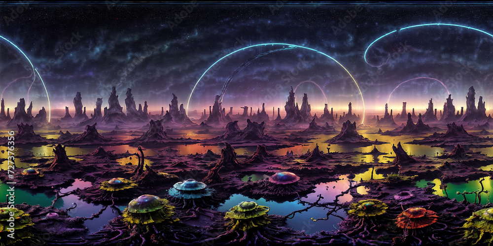 sunset in alien mountains Full 360 degrees seamless spherical panorama ...