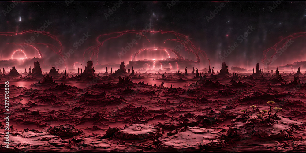 red alien planet mountains Full 360 degrees seamless spherical panorama ...