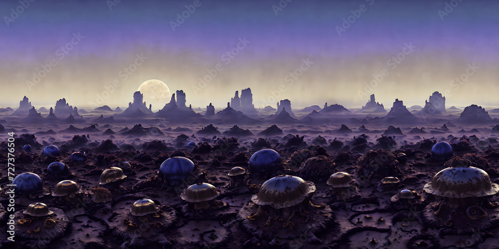 sunset in alien mountains Full 360 degrees seamless spherical panorama ...