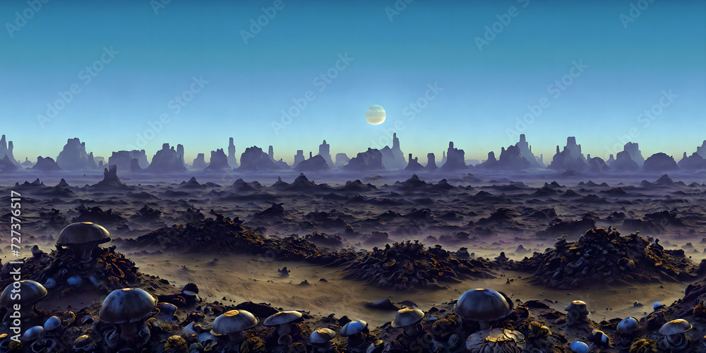 sunset in alien mountains Full 360 degrees seamless spherical panorama ...