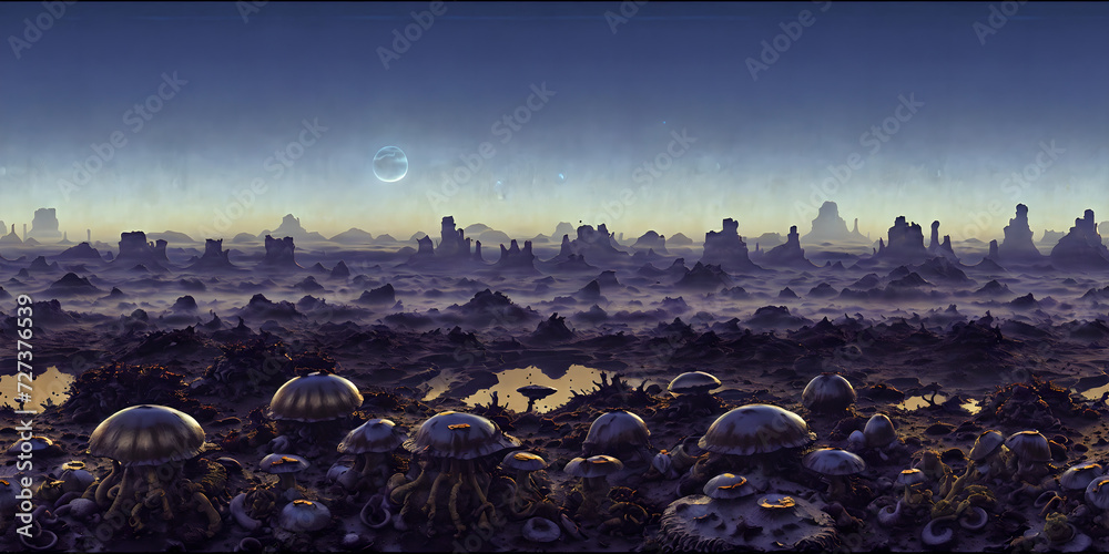 sunset in alien mountains Full 360 degrees seamless spherical panorama ...