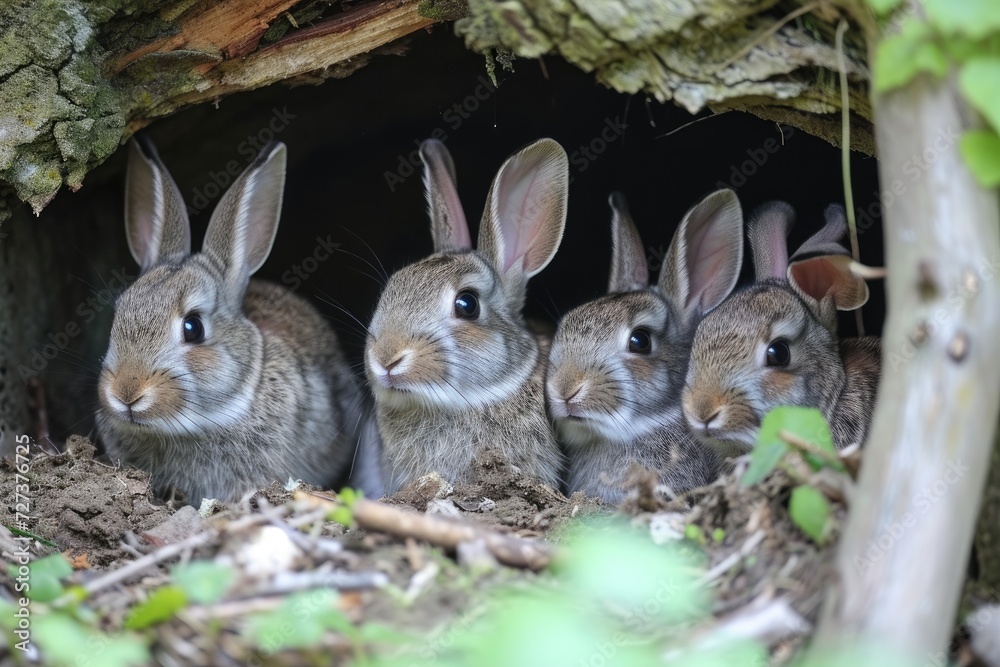 A group of rabbits sits together in the midst of a dense forest ...