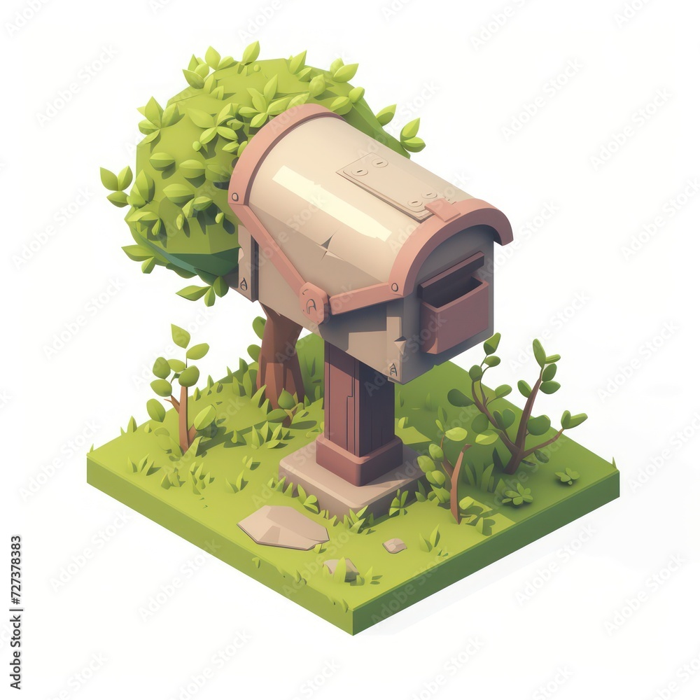 Mobile game map element: an isometric, low-poly-style mailbox with ...