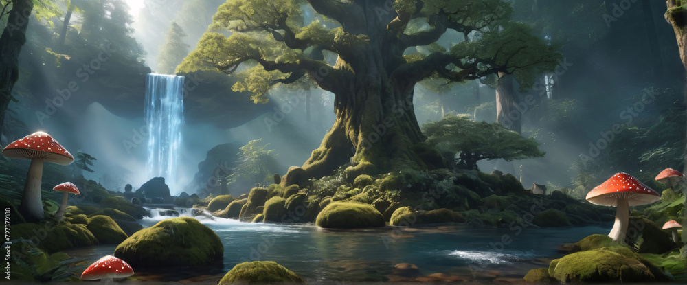 a mystical forest with towering ancient trees, glowing mushrooms, and a ...