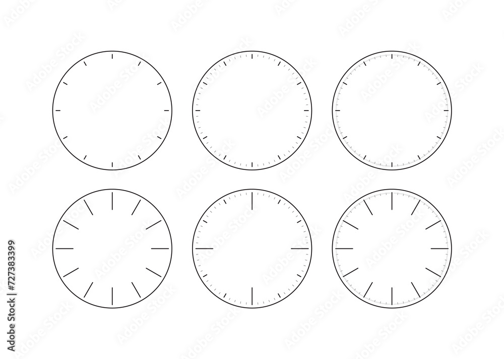 set of six options analog clock dials on white background. round dial ...