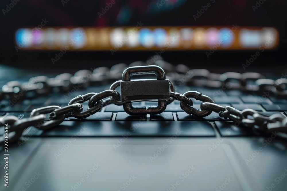 A detailed view of a metal chain resting on the keys of a laptop ...