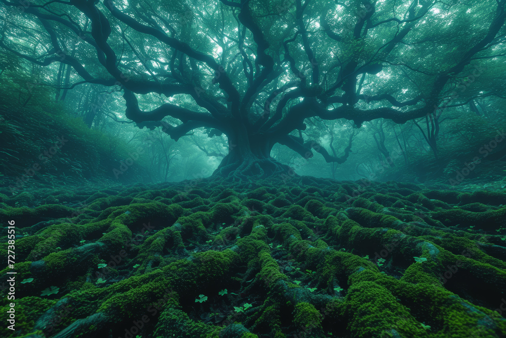 A network of interconnected roots in a dense forest, symbolizing the ...