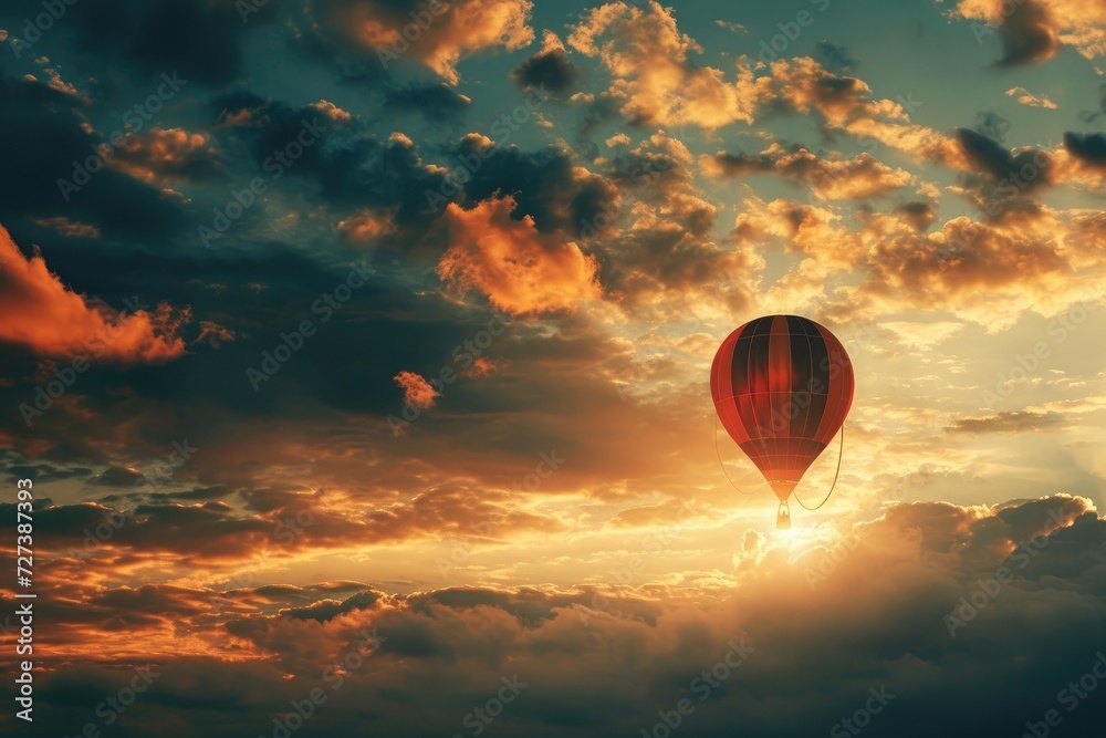 A hot air balloon gracefully floats through a sky filled with fluffy ...