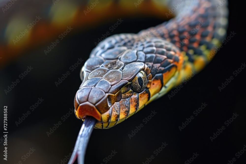 A detailed shot of a snake coiled on a tree branch, showcasing its ...