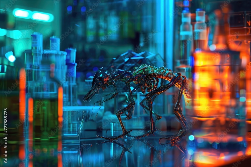 A toy horse stands proudly in front of a collection of bottles ...