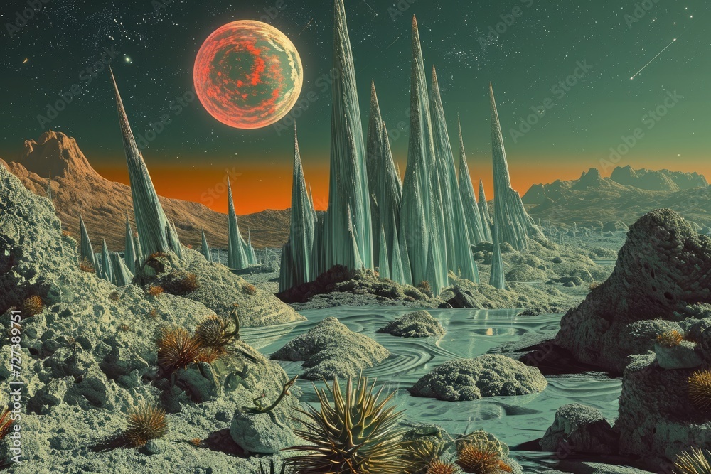 This photo depicts a painting of a desert landscape showcasing rocks ...