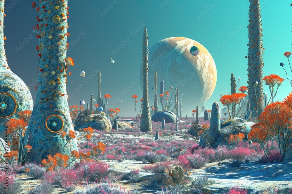 A Painting of a Desert With Plants and Flowers, A surreal landscape of ...