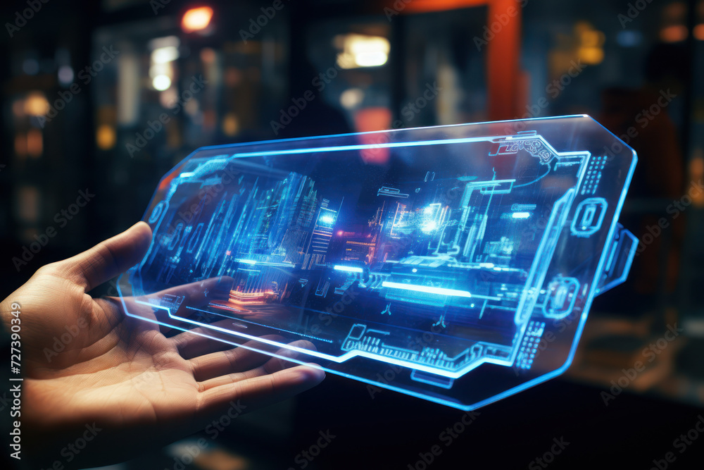 A futuristic smart device with a transparent glass screen displays ...