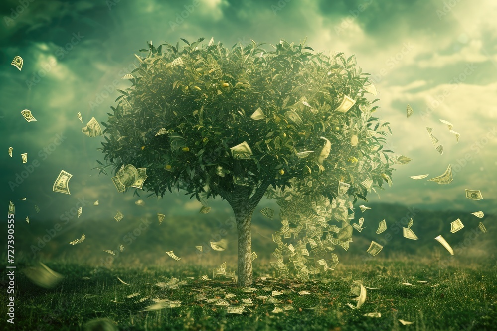 A tree with money falling from its branches, creating a stunning and ...