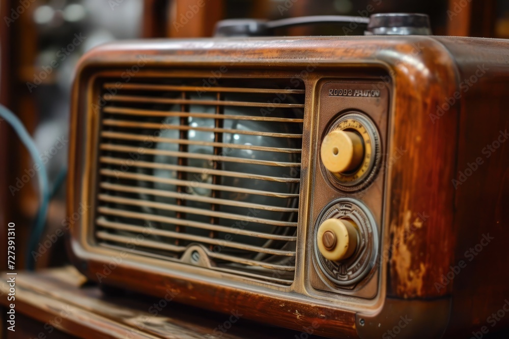 An old radio sits atop a wooden table, showcasing its nostalgic charm ...