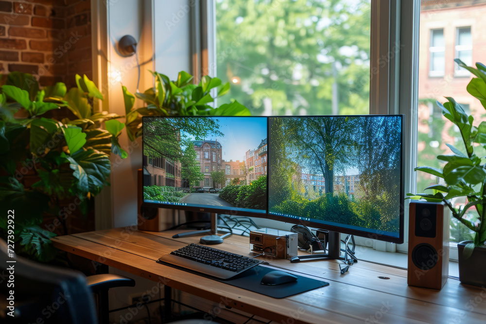 A dual-monitor setup with an organized desk, tailored for multitasking ...
