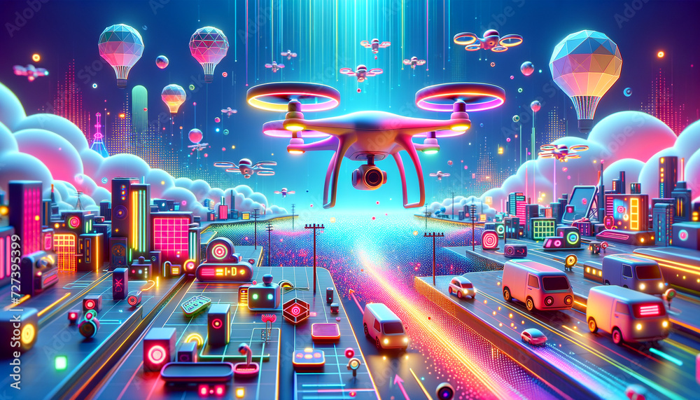 Playful drones capturing a vibrant cityscape for 3D mapping in a Pop ...