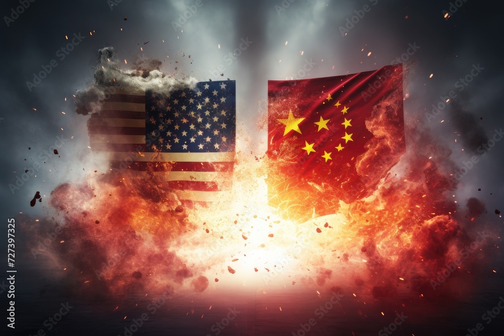 Two flags burn in the midst of a blazing fire, creating a captivating ...