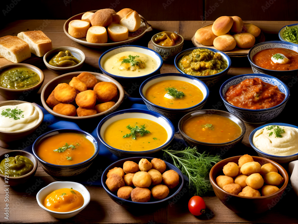 Table topped with bowls of different types of soups and condiments ...