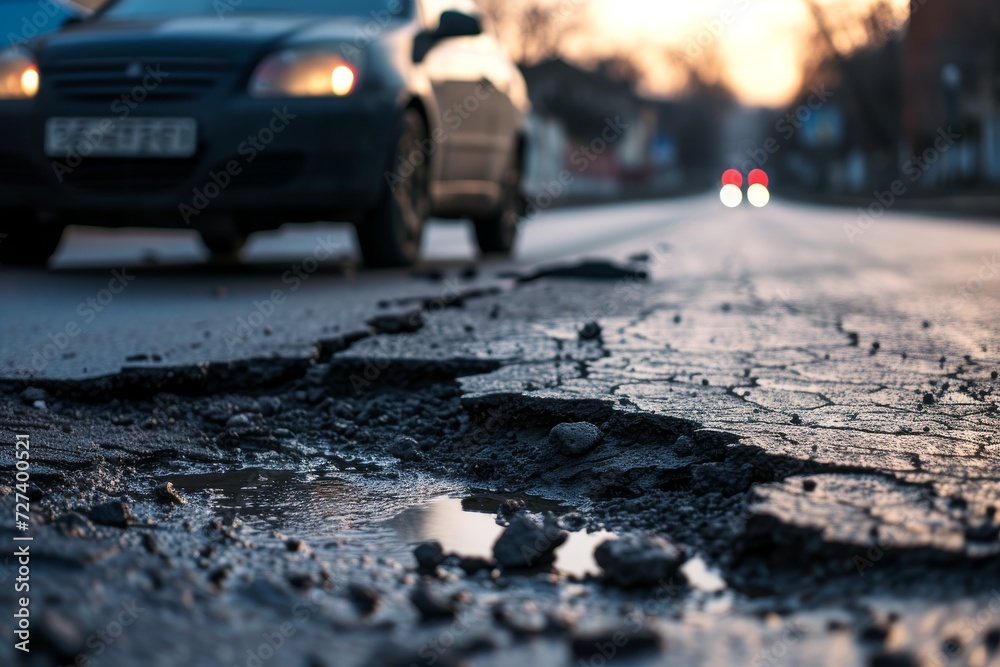 Cars drives on very poor quality street with potholes in evening. Old ...