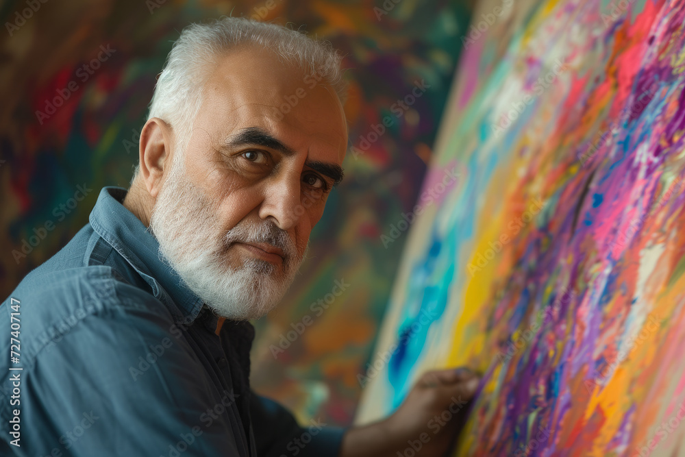 Portrait of artist in his studio. Middle aged man. Artist in her studio ...