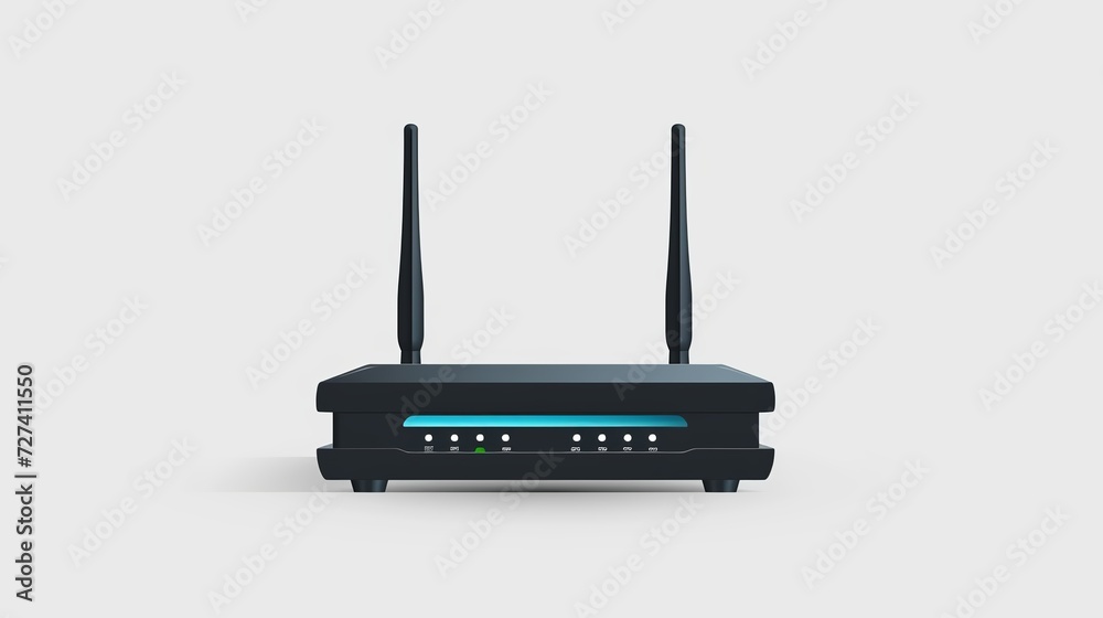 Black wifi router, wireless broadband modem with antennas in front and ...