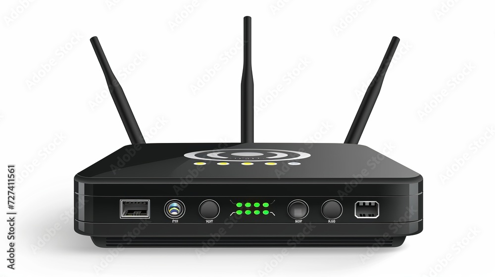 Black wifi router, wireless broadband modem with antennas in front and ...