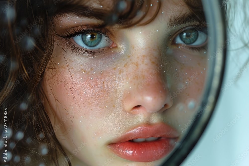 A woman's piercing gaze, accentuated by fluttering eyelashes and bold ...