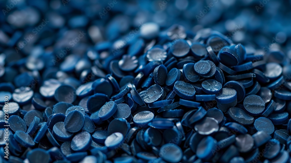 Blue plastic pellets of uniform texture, very small and shiny. Polymer ...