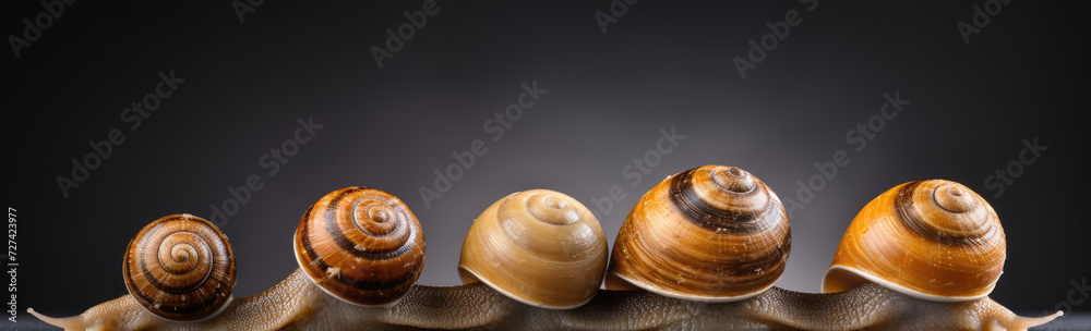 A line of four snails with varying shell patterns progressing in size ...