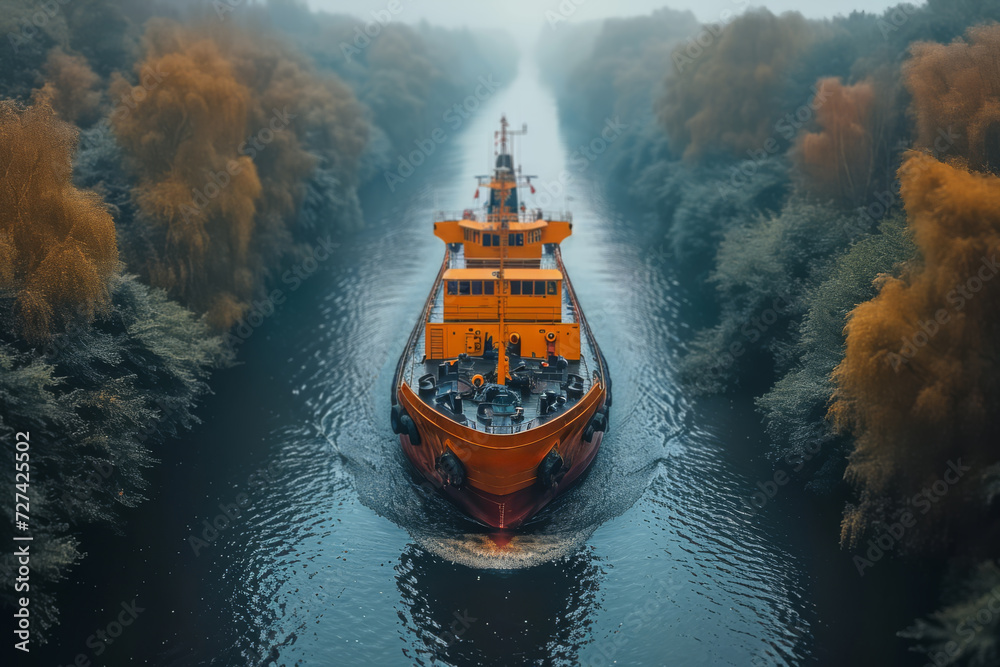 Overhead photograph of a freight ship navigating a narrow canal ...