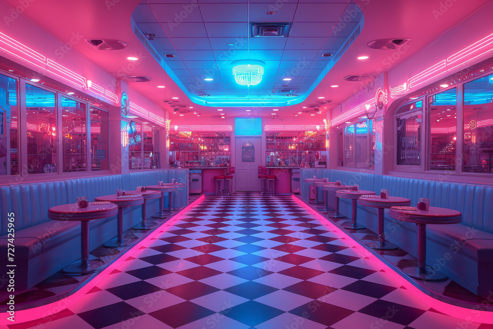 A classic 1950s diner with neon lights and checkered floors, embodying ...