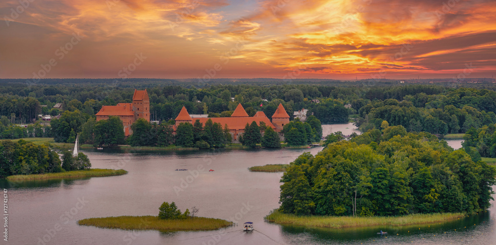 Aerial view of Trakai, over medieval gothic Island castle in Galve lake ...