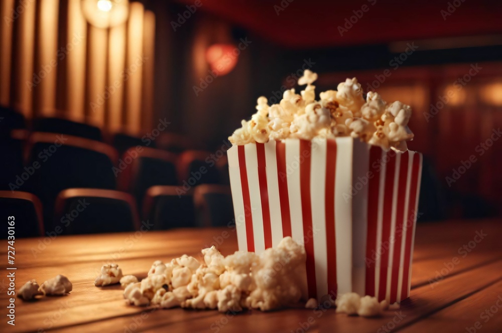 Popcorn and movie tickets. Delicious popcorn in a red striped carton ...