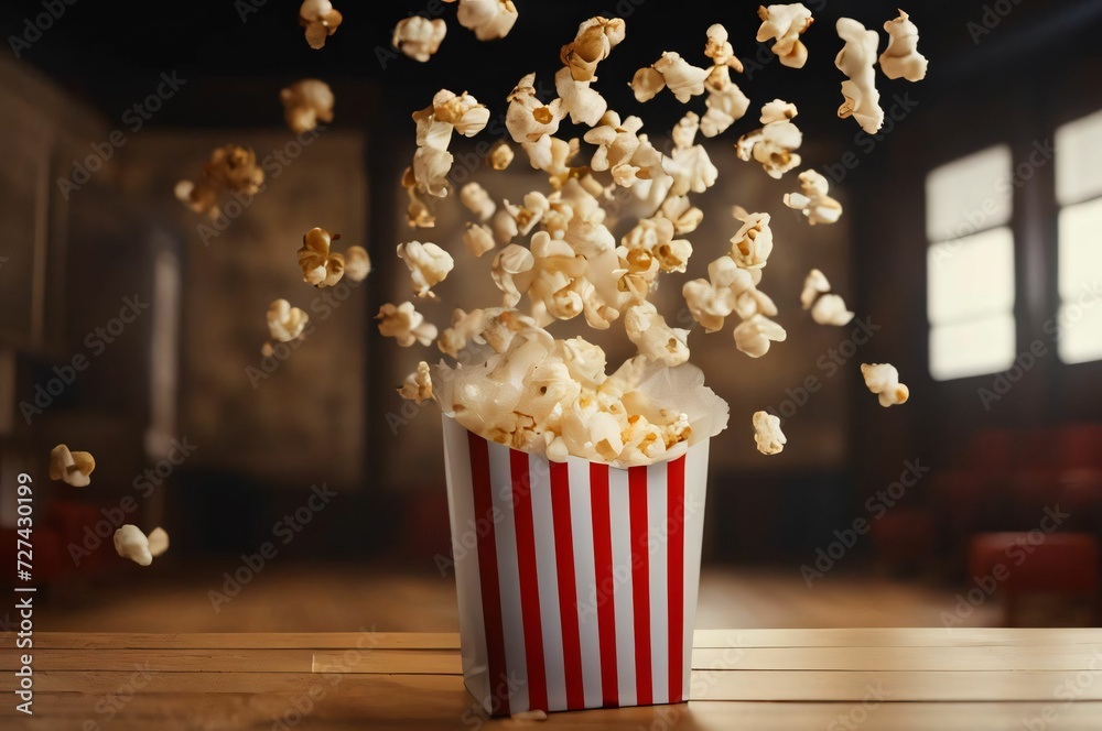 Popcorn and movie tickets. Delicious popcorn in a red striped carton ...