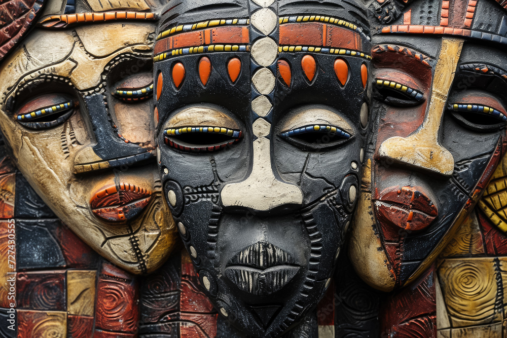 Design a relief sculpture inspired by African tribal masks, with bold ...