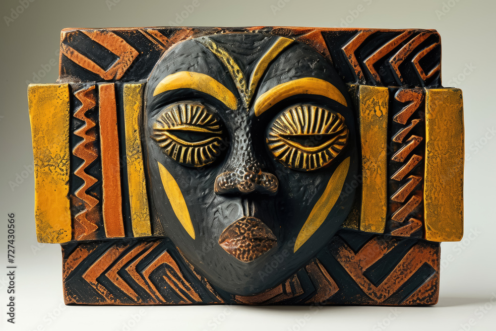Design a relief sculpture inspired by African tribal masks, with bold ...