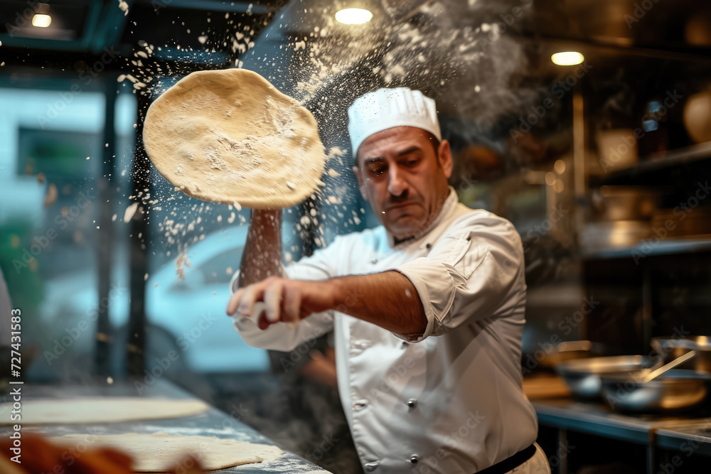 chef tossing a pizza dough in the air, with a look of concentration on ...