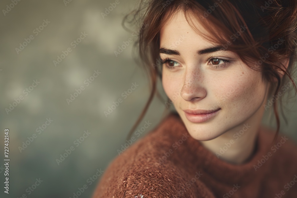 Evocative portrait of a pretty middle-aged woman, at home near the ...