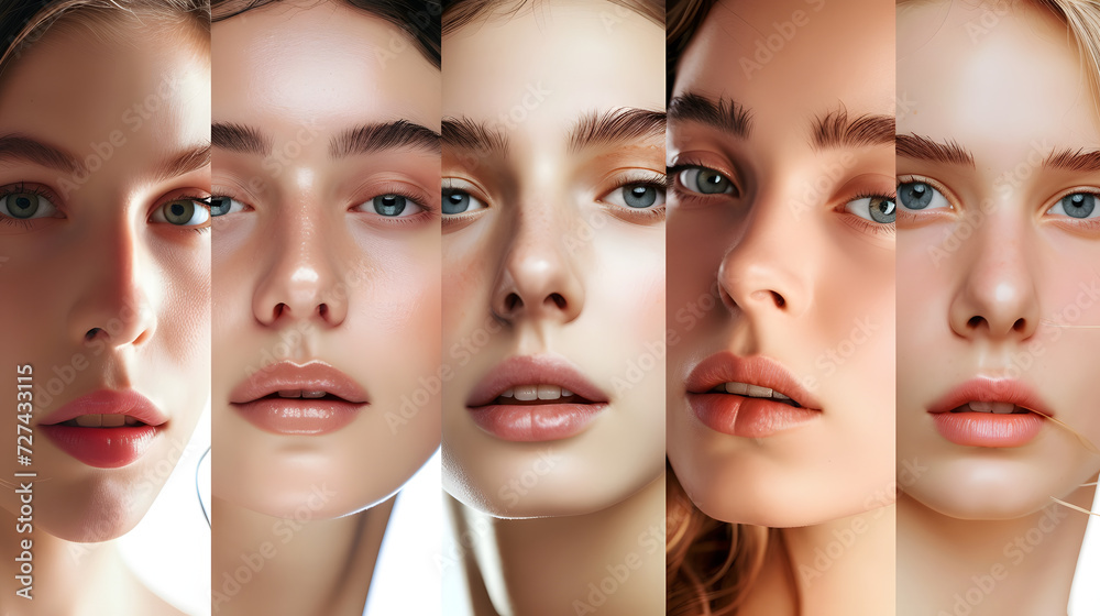 Banner. Composite image of beautiful young women faces expressing emotions and show healthy ...