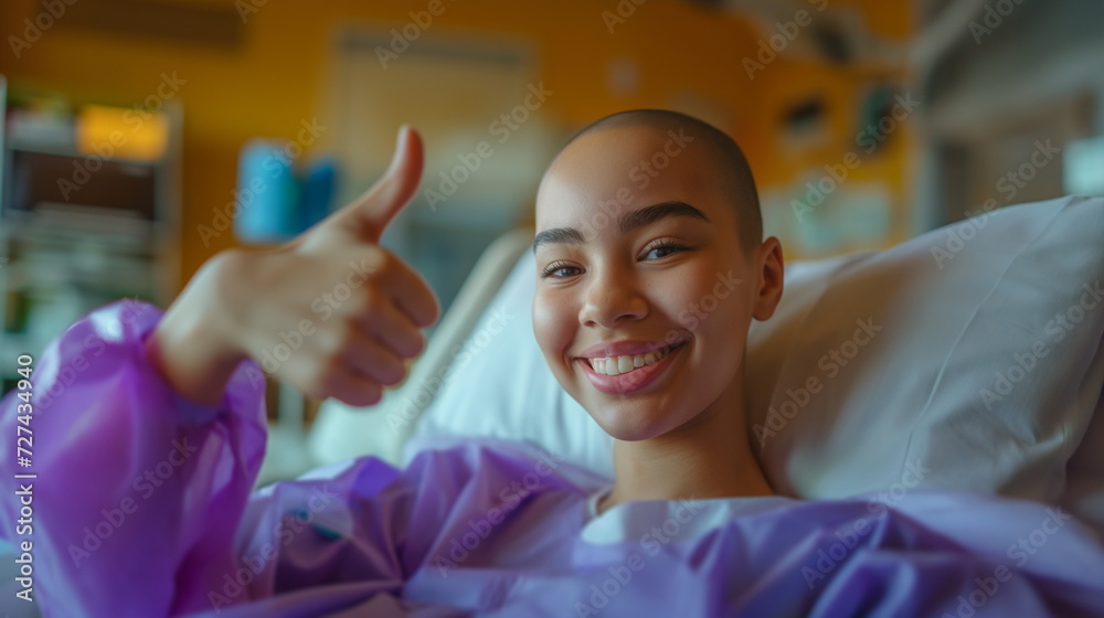 Smiling bald cancer patient in hospital bed giving thumbs up. Young ...