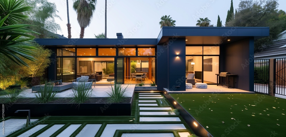 Sleek, modern midnight blue house, minimalist backyard with geometric ...