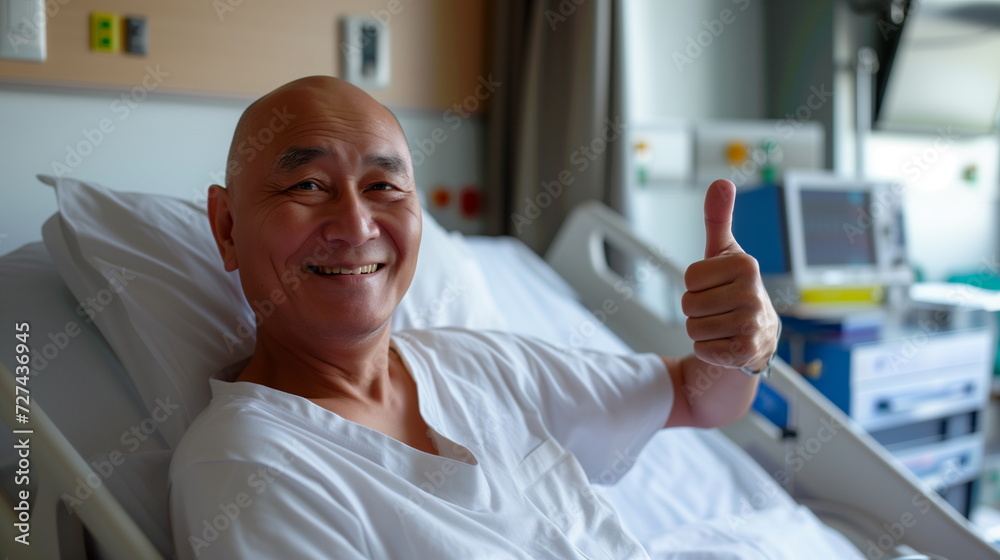 Smiling Asian male patient giving thumbs up from hospital bed. Happy ...